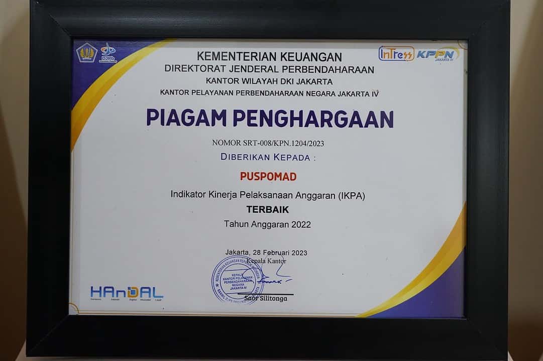 Puspomad Terima Penghargaan IKPA Tertinggi Dari KPPN IV Jakarta